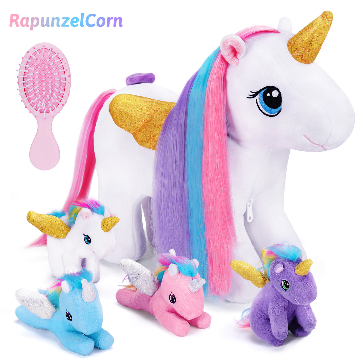 OUOZZZ Colored Hair Unicorn Rapunzelcorn Stuffed Animal, with 4 Babies ...